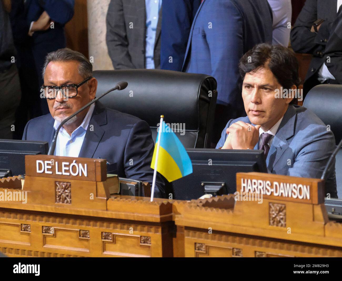 FILE - Los Angeles City Council members Gil Cedillo, left, and Kevin de ...