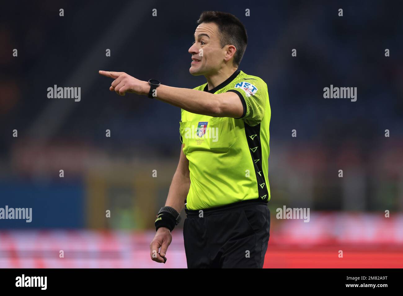 Milan, Italy, 11th January 2023. The Referee Antonio Rapuano reacts ...