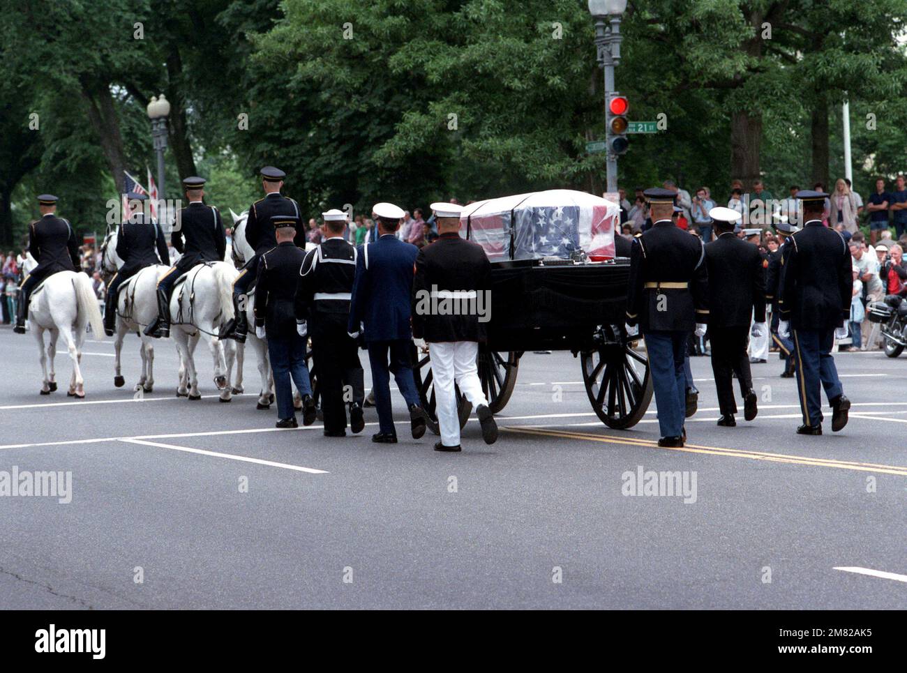 A 3rd US Infantry (The Old Guard) caisson carries the casket of the ...