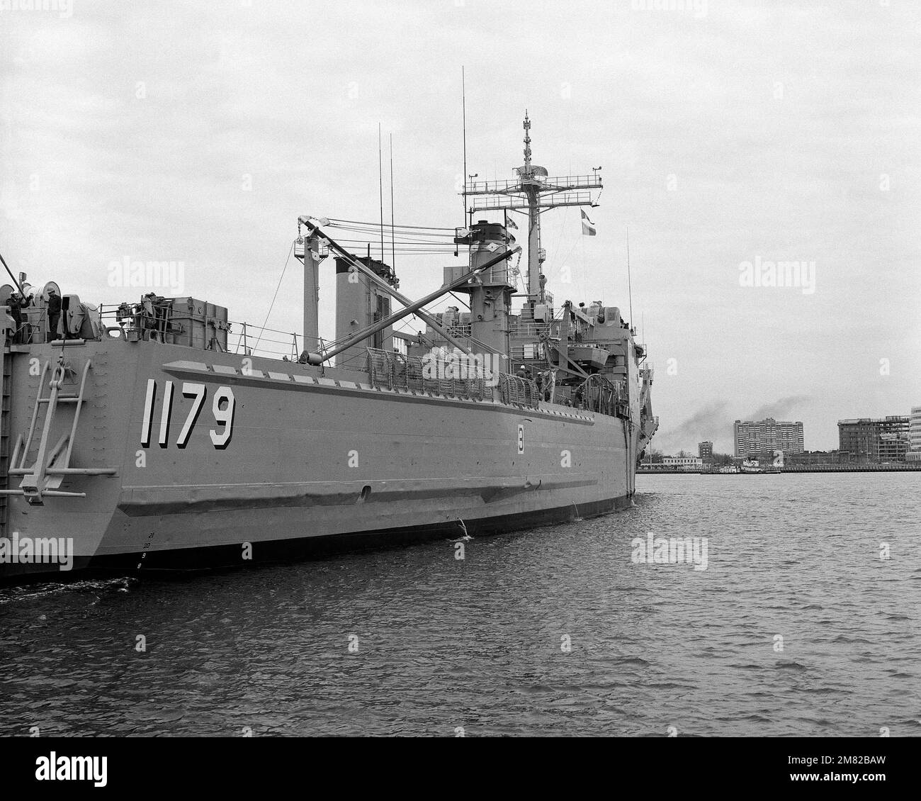 A starboard quarter view of the tank landing ship USS NEWPORT (LST 1179 ...