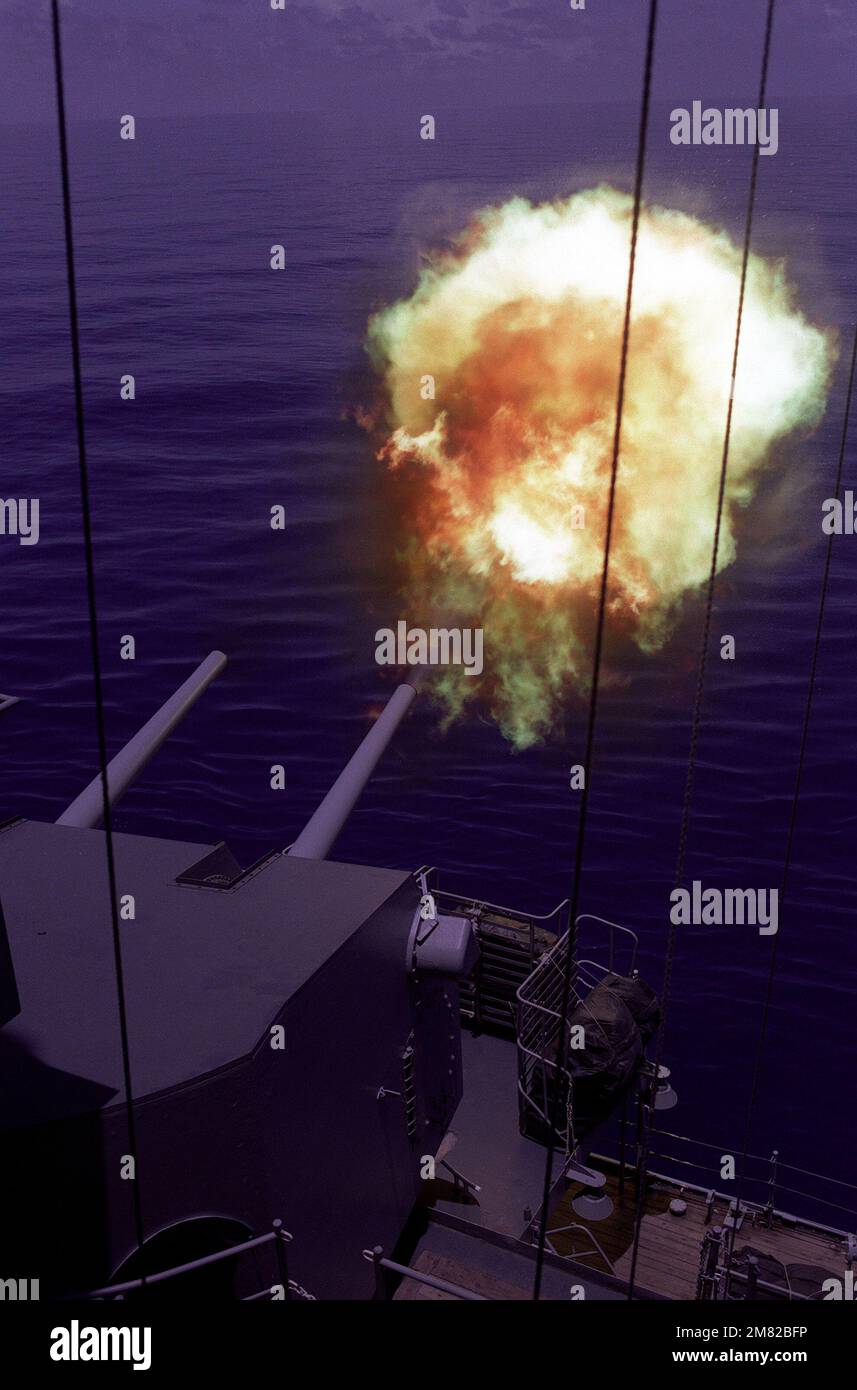 The battleship USS IOWA (BB-61) fires Mount 51, the first Mark 28 5 ...