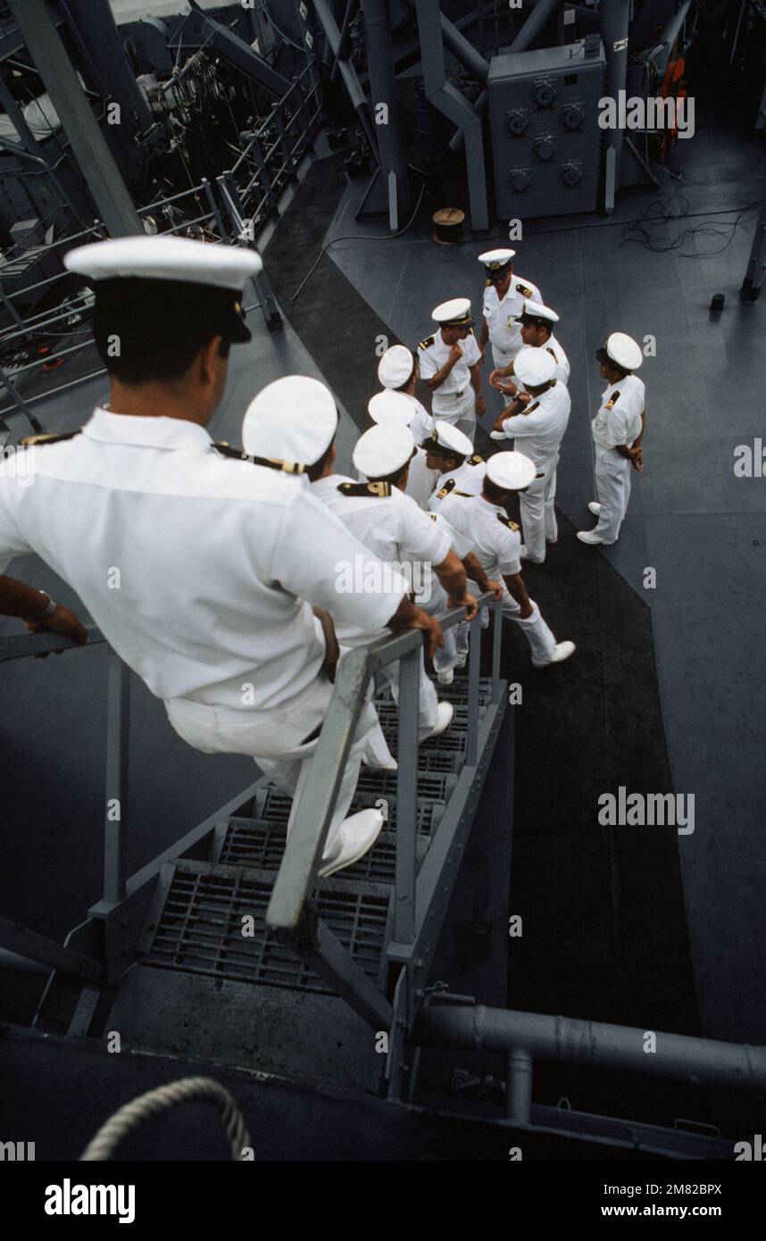 Colombian naval officers tour the destroyer USS THORN (DD 988) during ...