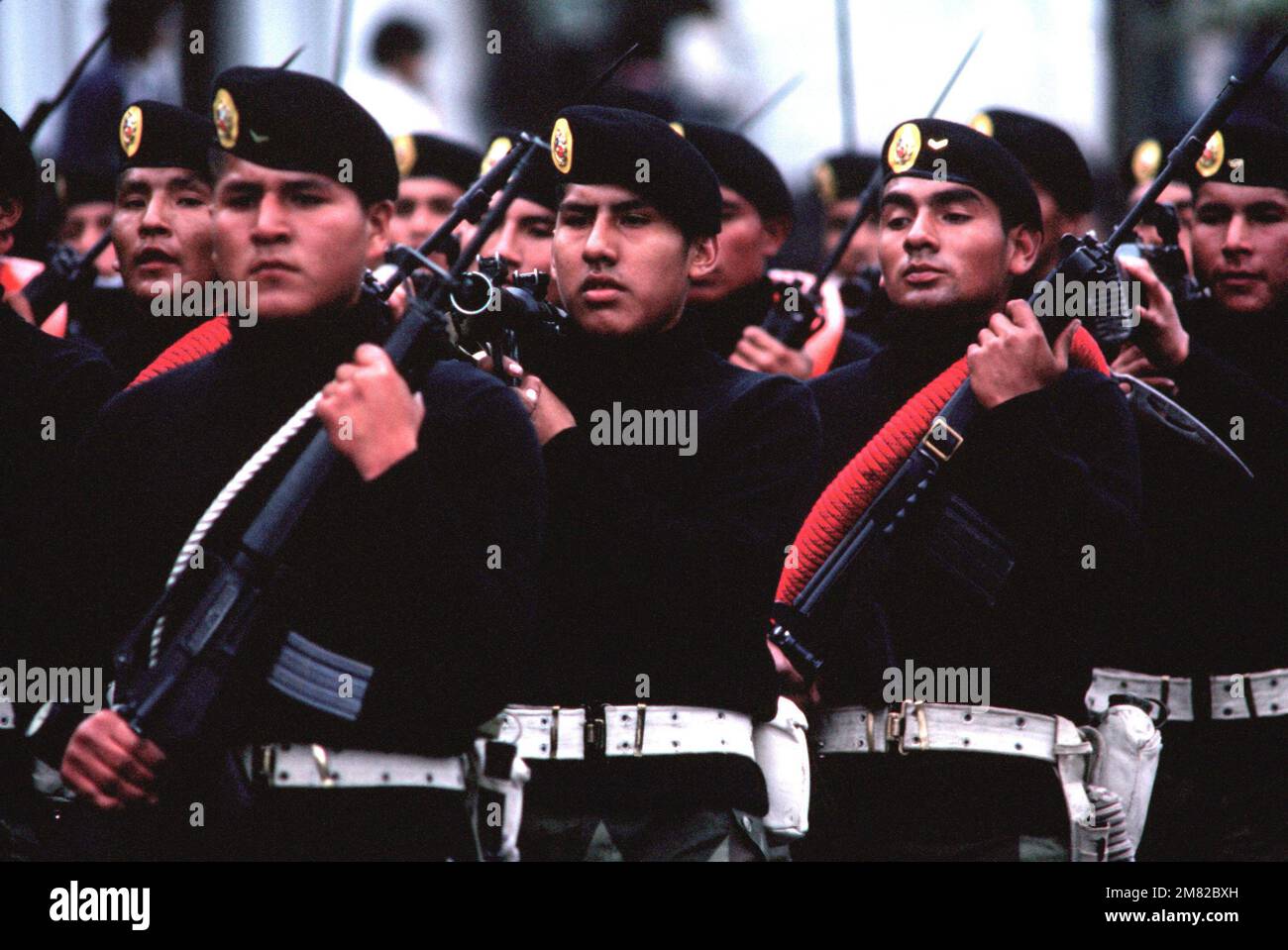 A Peruvian special warfare unit marches past reviewers in downtown Lima ...