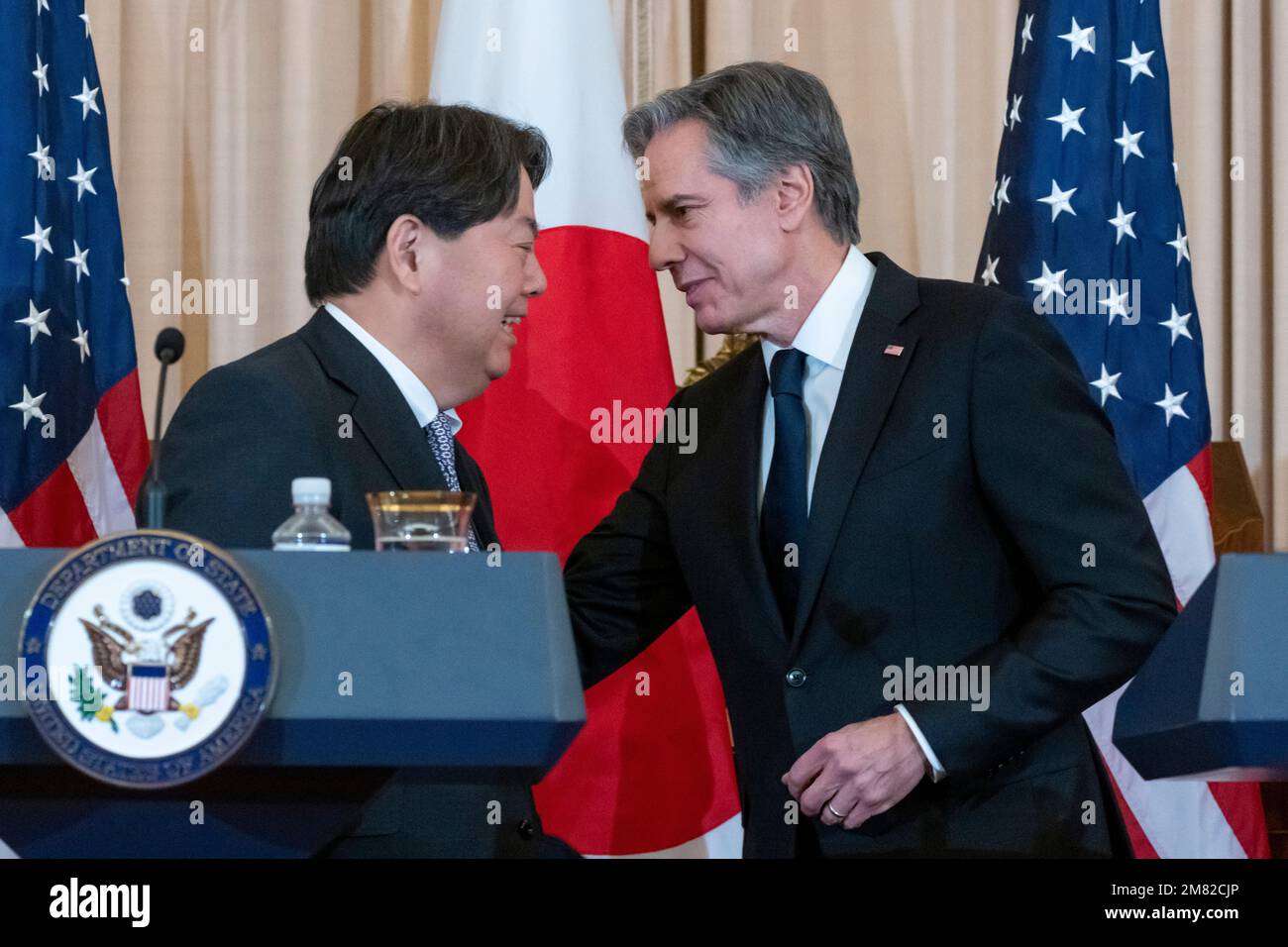 Japanese Foreign Minister Hayashi Yoshimasa, left, greets Secretary of ...