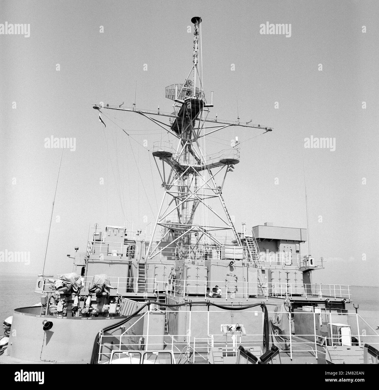 The upper decks and mast on the amphibious transport dock USS NASHVILLE ...