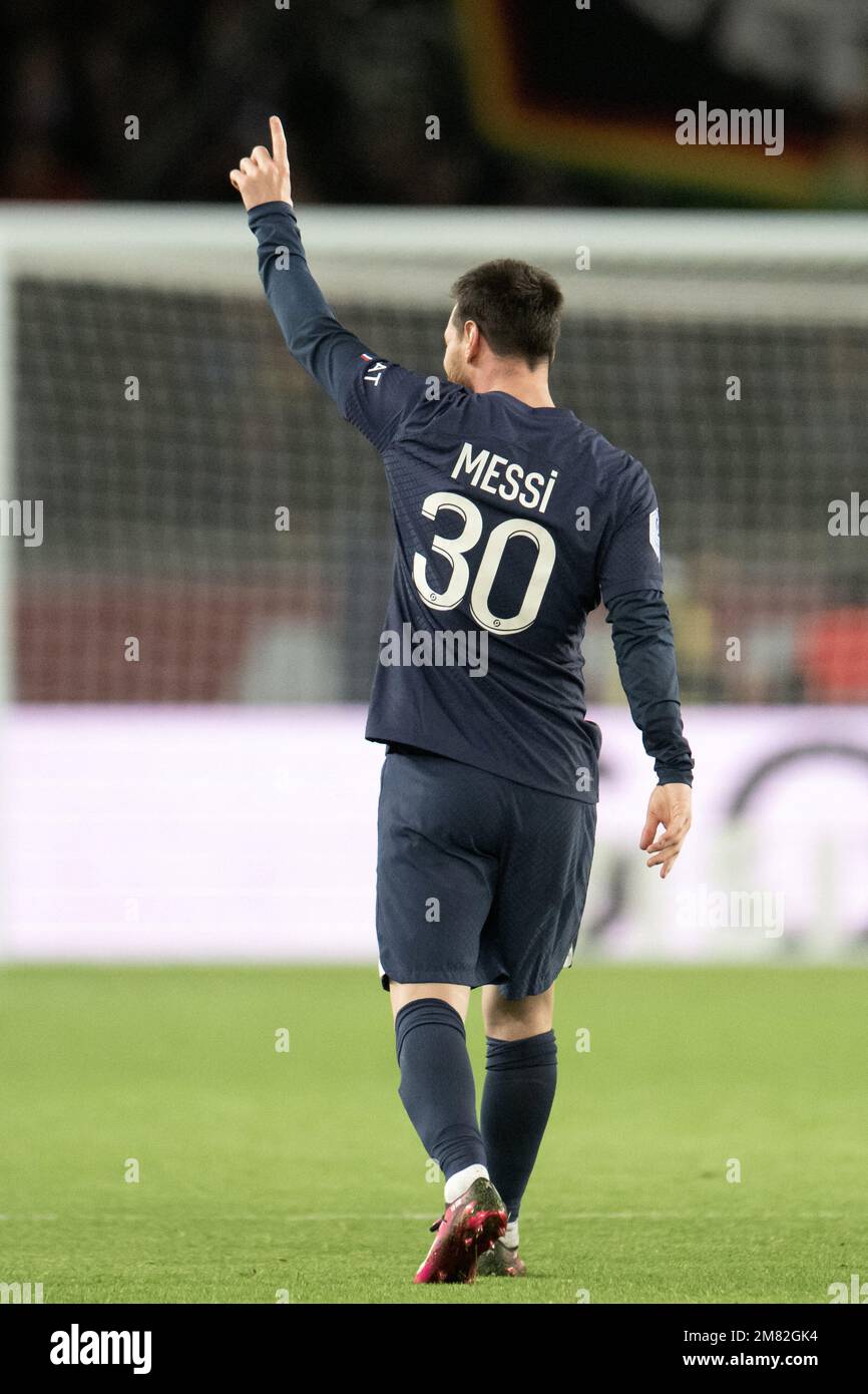 Leo Messi of Paris Saint-Germain celebrates his goal during the Ligue 1 ...