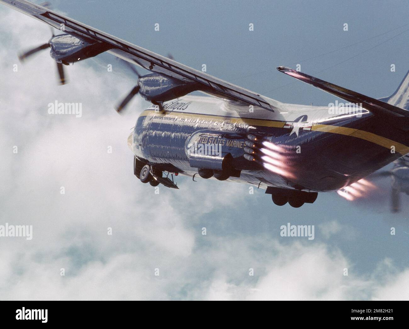 A left rear view of a Marine Corps KC-130F Hercules aircraft assigned ...