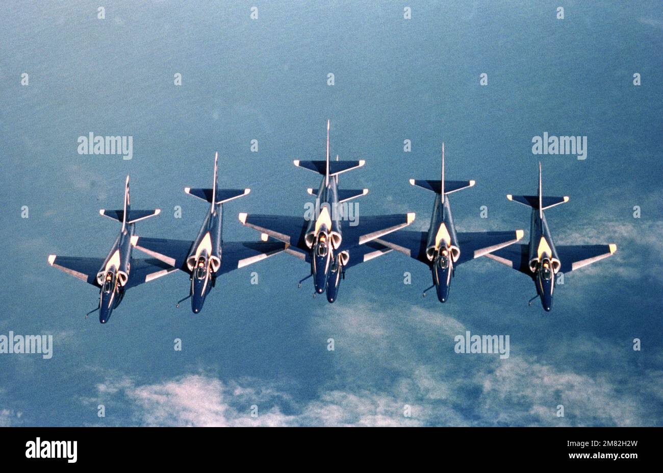 An air-to-air front view of six A-4F Skyhawk aircraft assigned to the ...