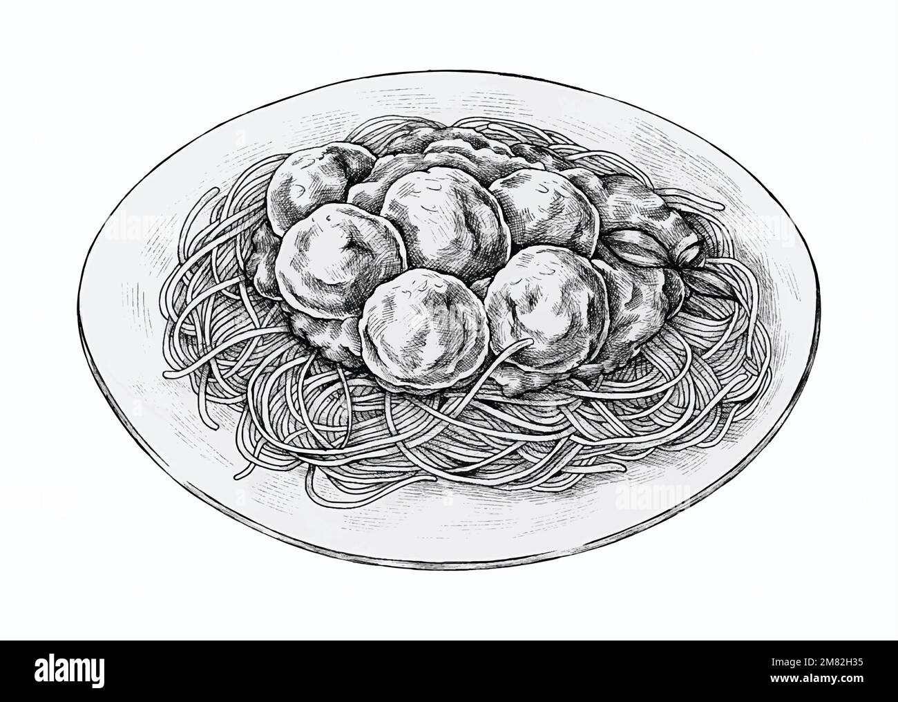 Hand drawn dish of spaghetti with meatballs vector Stock Vector Image ...