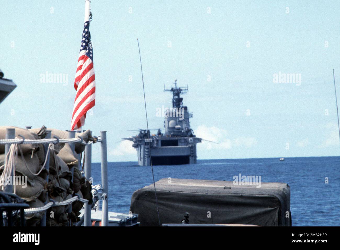 A stern view of the amphibious assault ship USS NASSAU (LHA 4) as seen ...