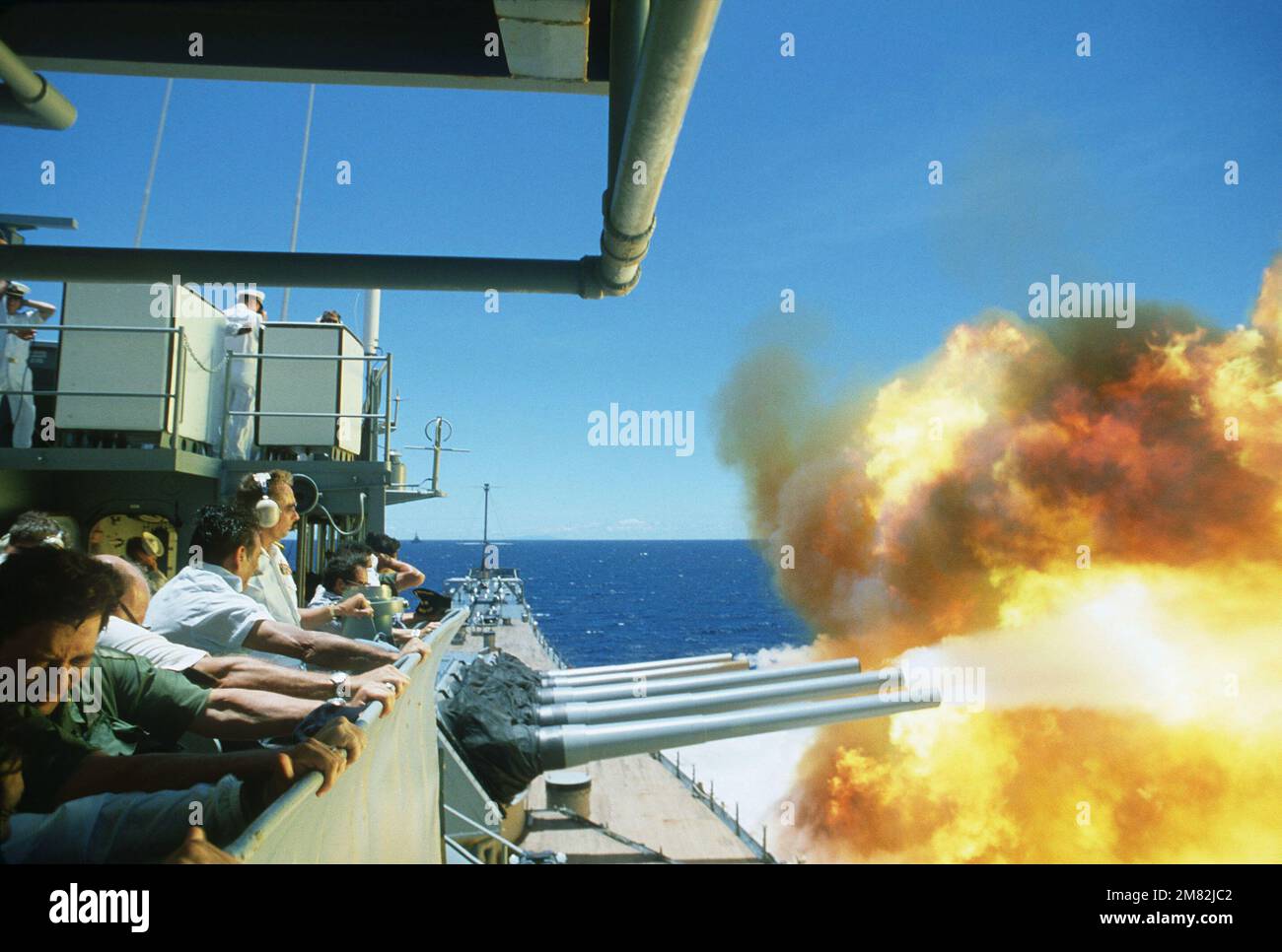Visiting dignitaries brace themselves on the 04 level bridge as the Mk ...