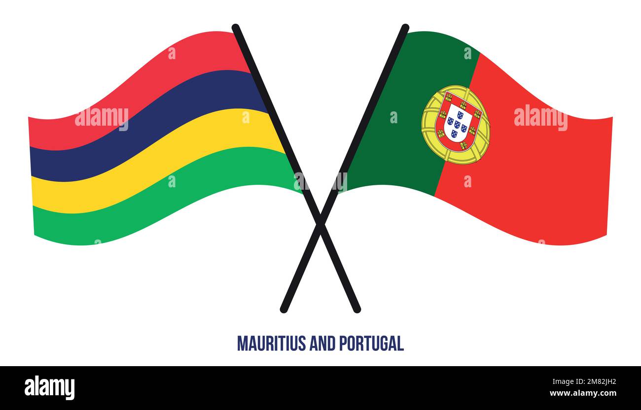 Mauritius and Portugal Flags Crossed And Waving Flat Style. Official Proportion. Correct Colors ...