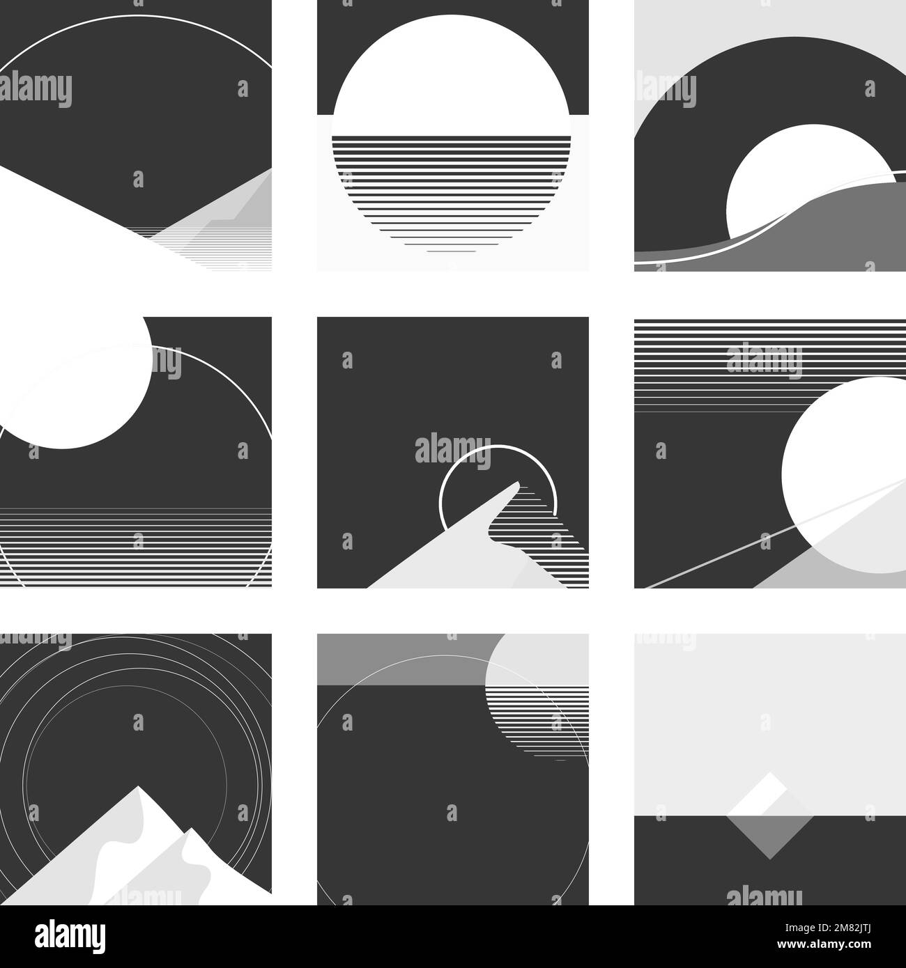 Monotone black and white geometric landscape background vector set ...
