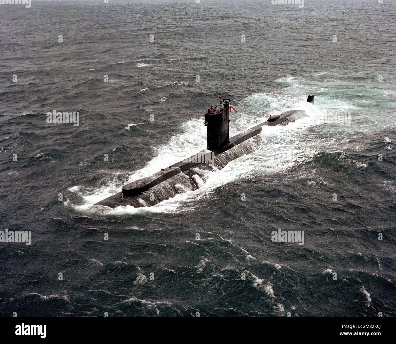 A port bow view of the research submarine USS DOLPHIN (AGSS 555 ...