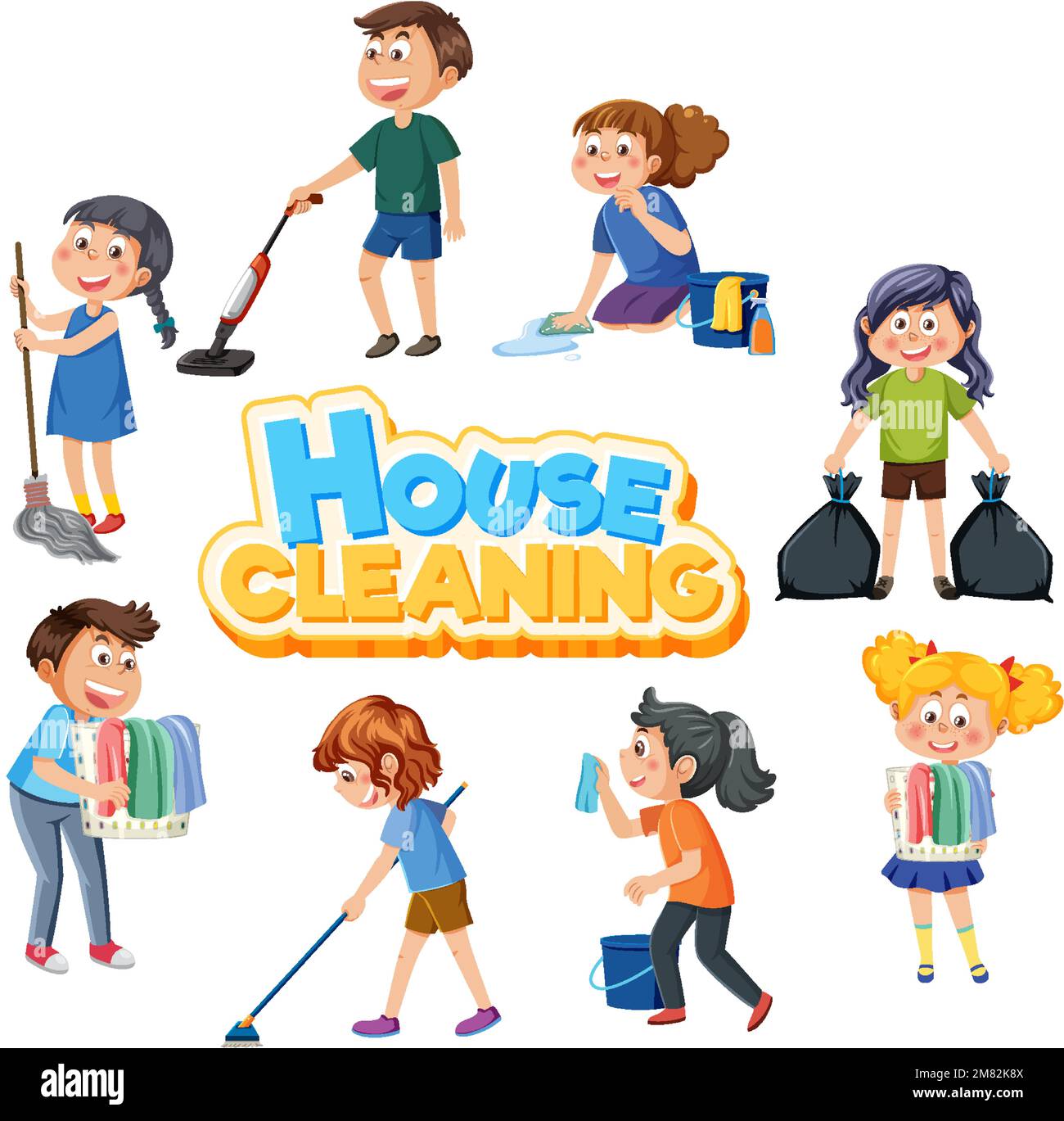 Kids cleaning at home set illustration Stock Vector Image & Art - Alamy