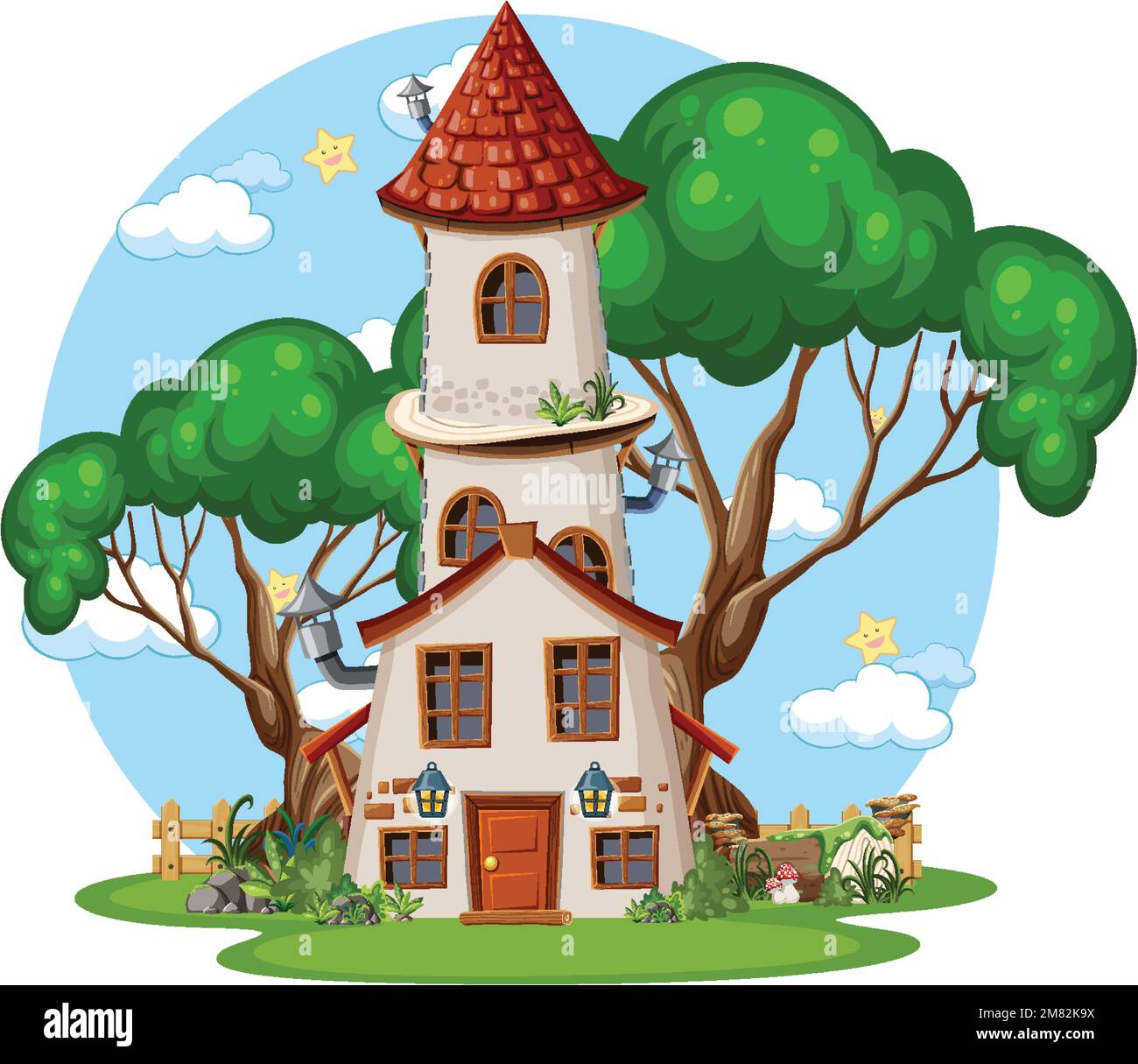 Fairytale tower decorated with tree illustration Stock Vector Image ...