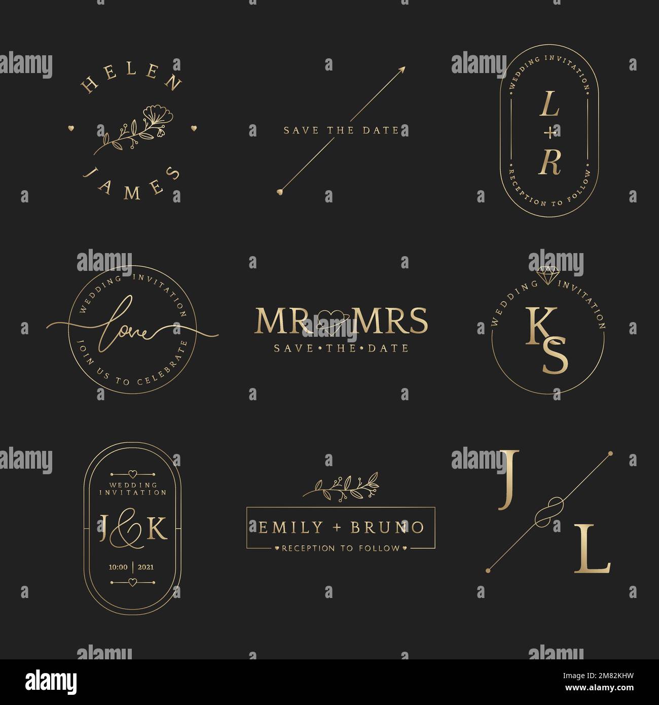 Luxury wedding invitation badges vector in metallic gold collection ...