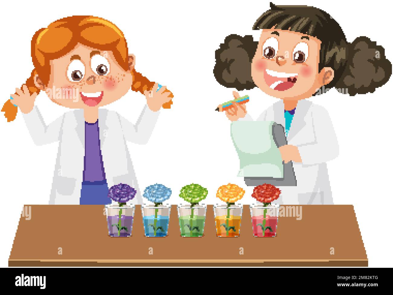 Students with colour changing flower science experiment illustration ...