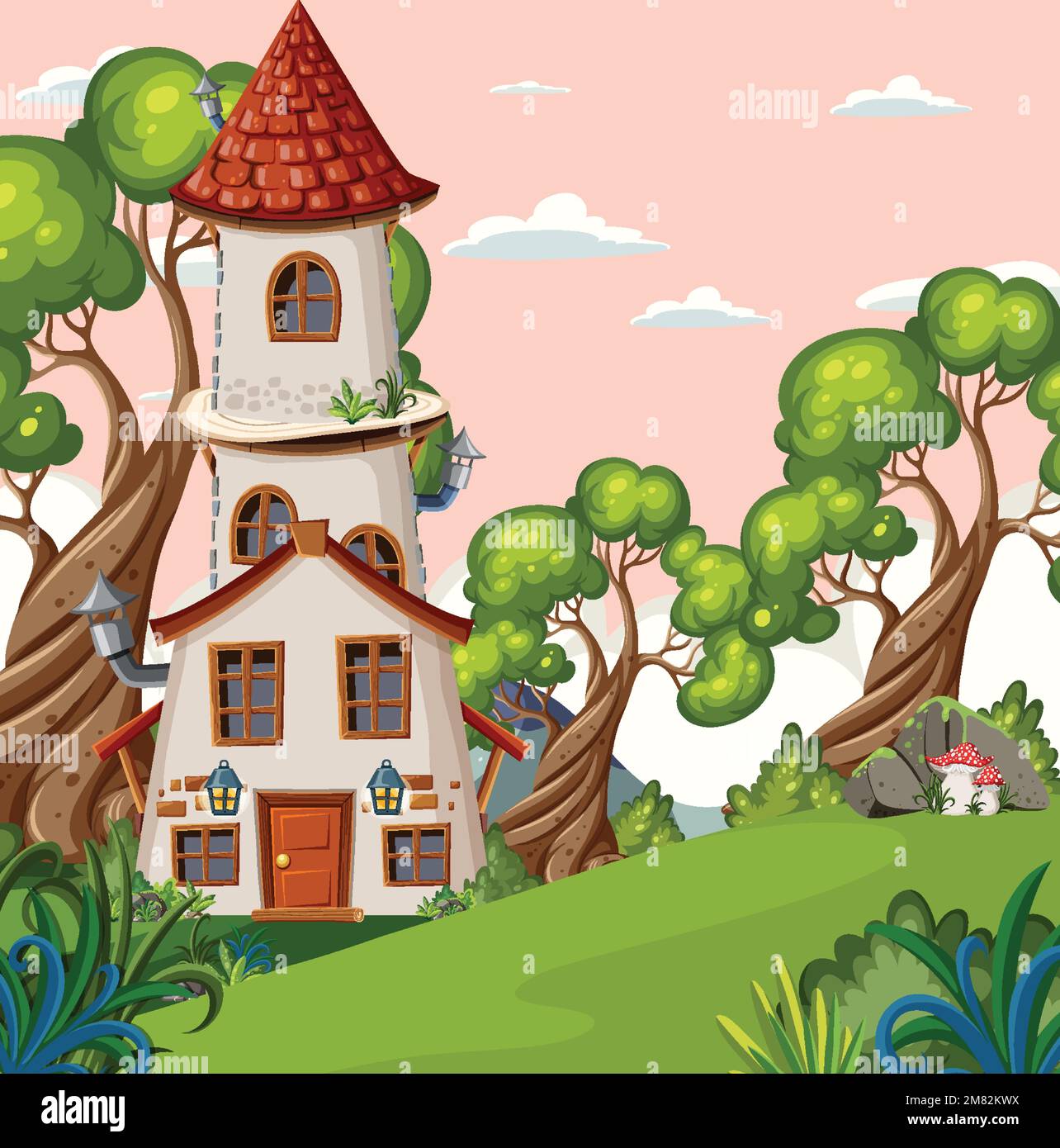 Fairytale tower in fairytale forest illustration Stock Vector Image ...