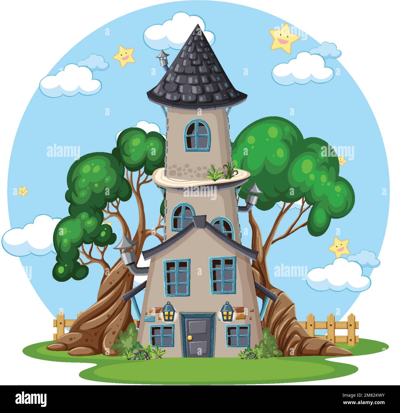Fairytale tower decorated with tree illustration Stock Vector Image ...