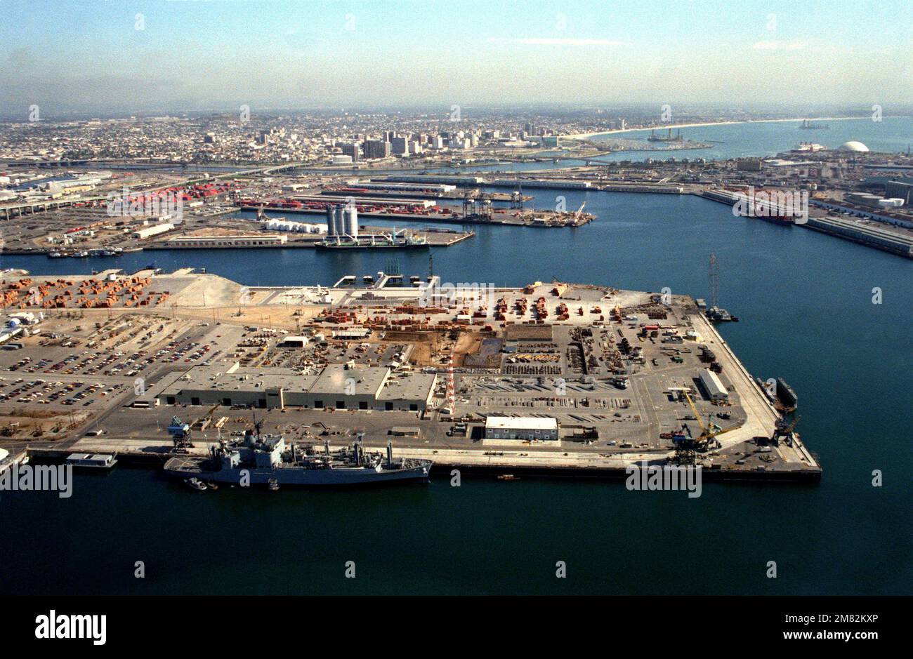 An aerial view of Long Beach Naval Shipyard. A "Kilauea" class ...