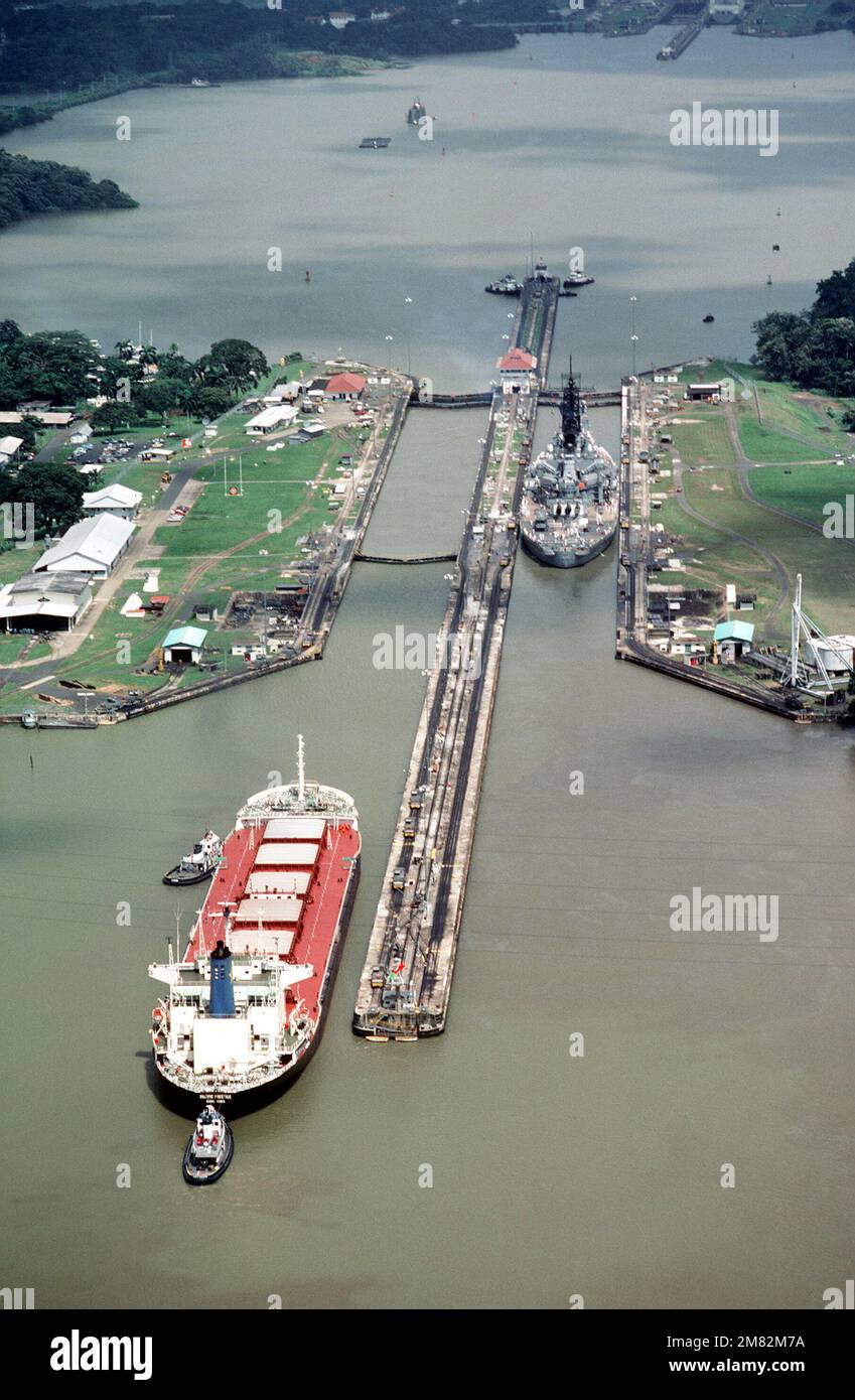 Aerial stern view of the battleship USS IOWA (BB 61) entering the Pedro ...