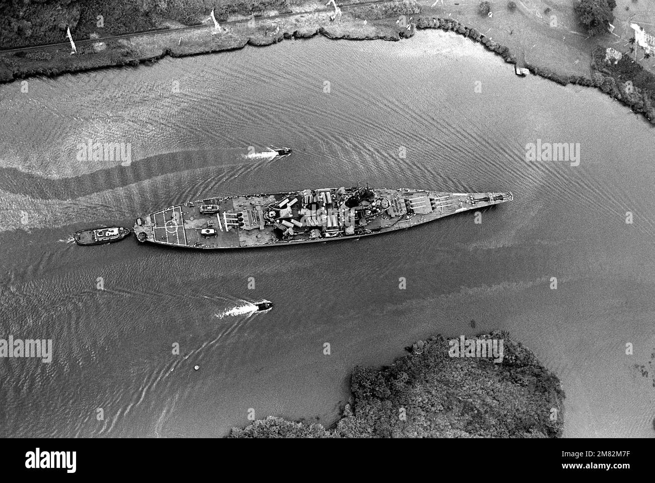 A vertical view of the battleship USS IOWA (BB-61) transiting the canal ...