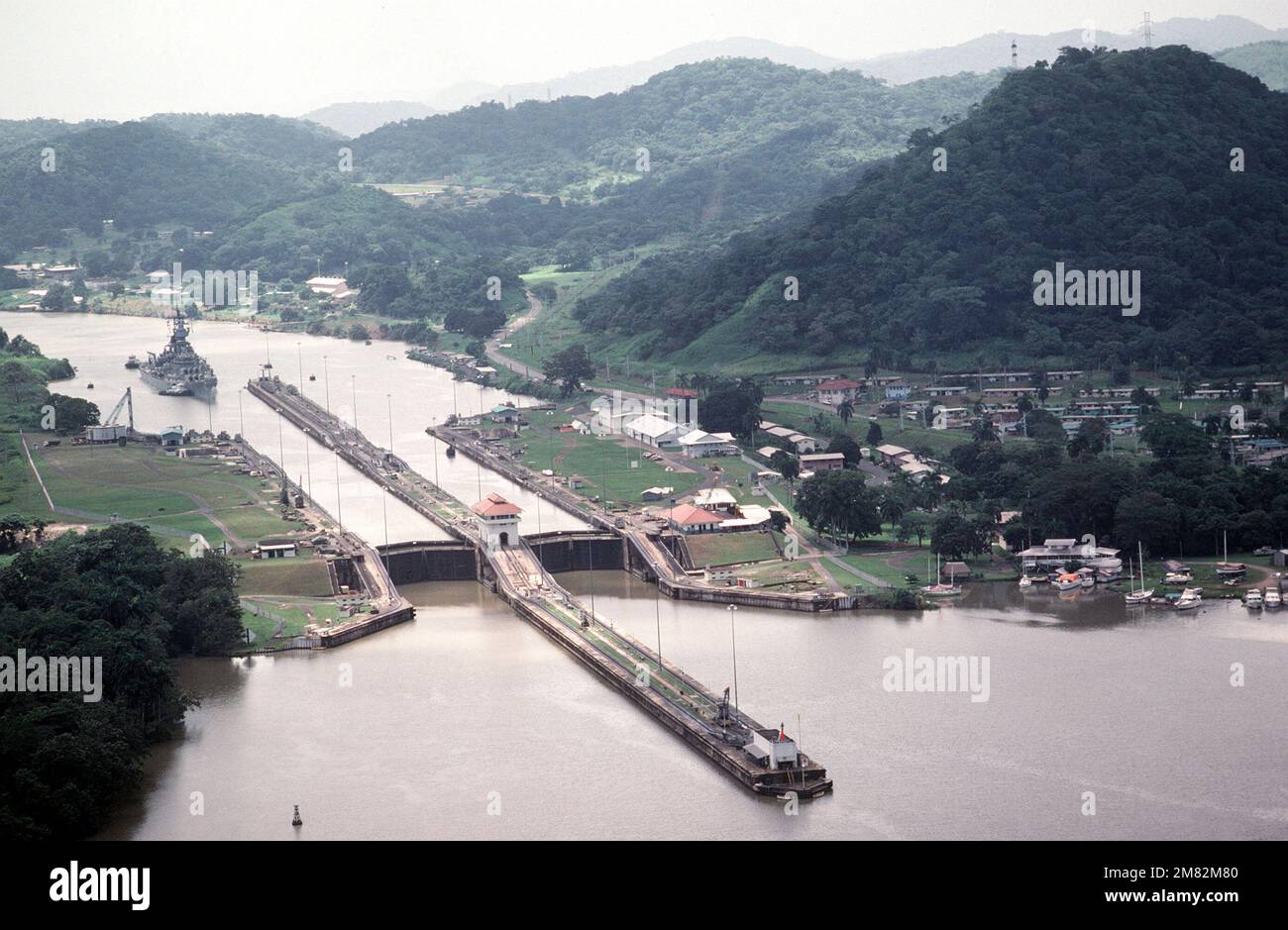 The Battleship Uss Iowa Bb 61 Approaches Pedro Miguel Locks During Its Trip Through The Canal