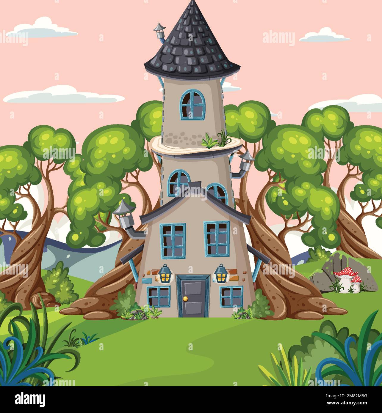 Fairytale tower in fairytale forest illustration Stock Vector Image ...