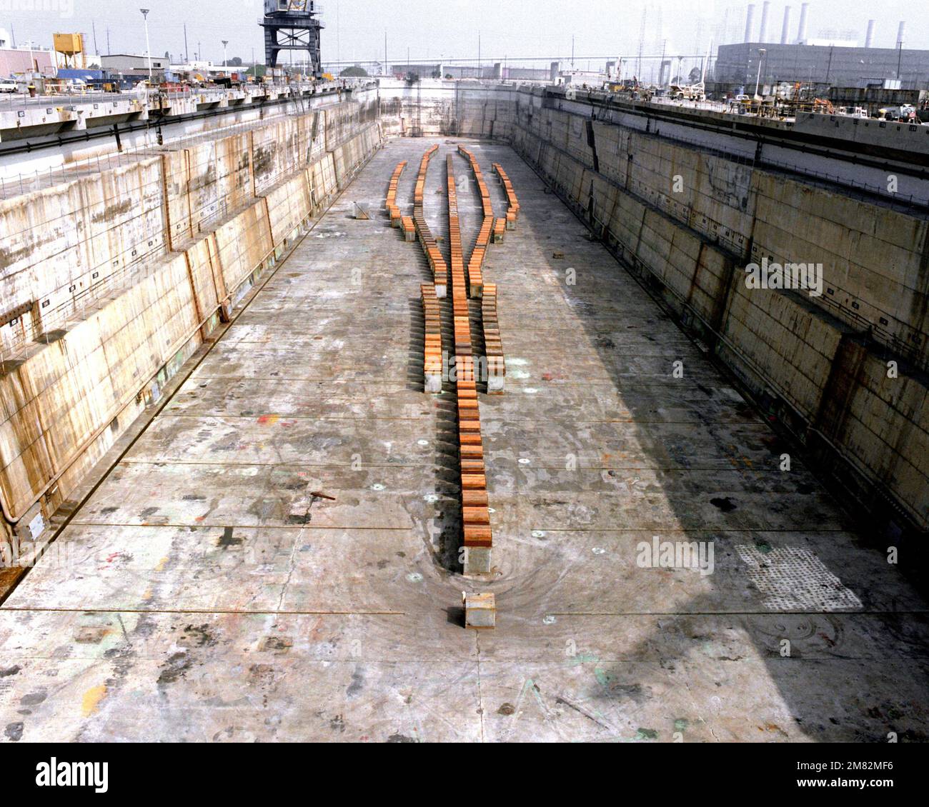 A view of the support blocks laid out in dry dock No. 1 for the ...