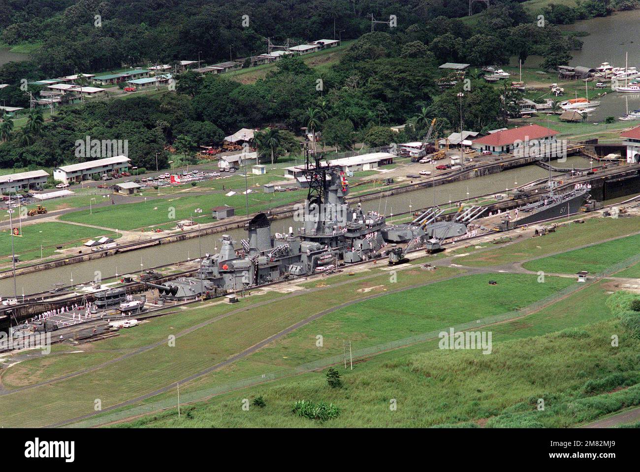 A view of the battleship USS IOWA (BB-61) passing through the Pedro Miguel Locks. Base: Panama ...