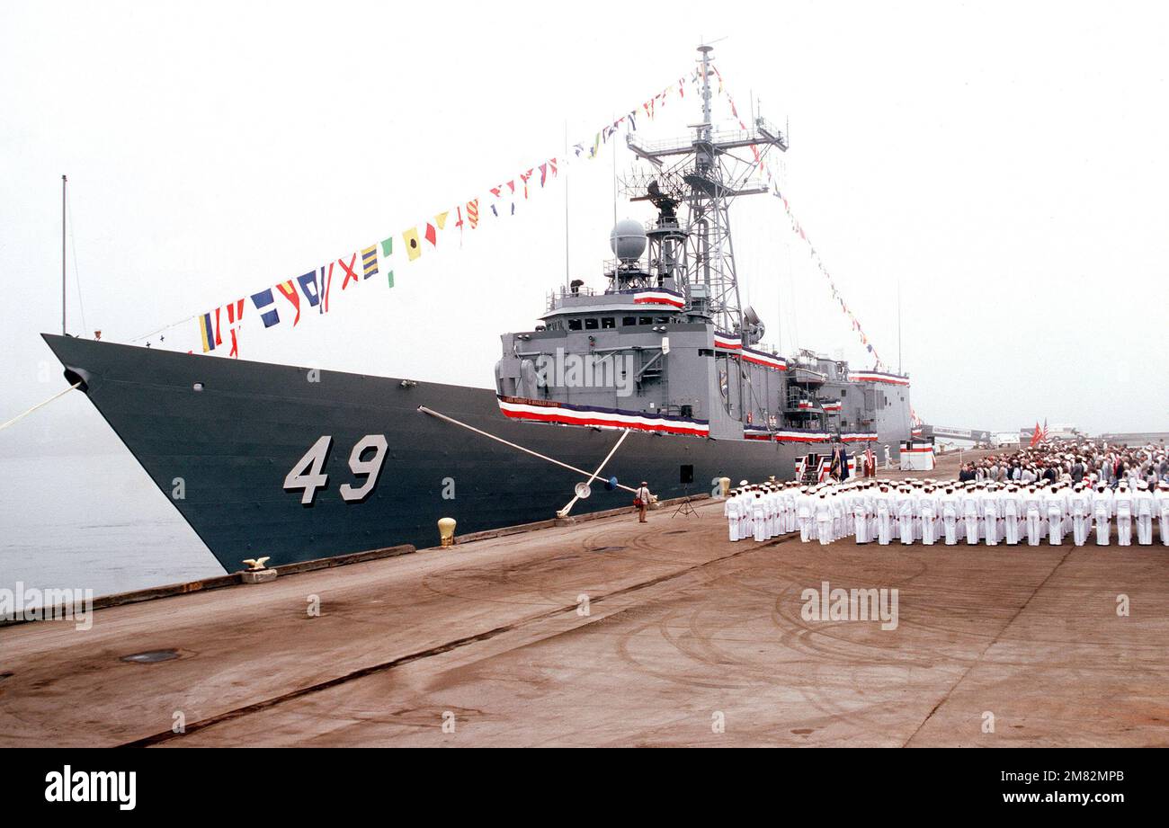 A port bow view of the guided missile frigate USS ROBERT G. BRADLEY ...