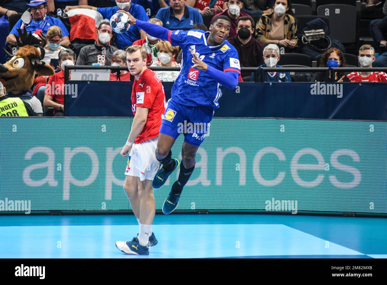 Dylan Nahi (France) against Denmark. EHF Euro 2022. Main Round Stock ...