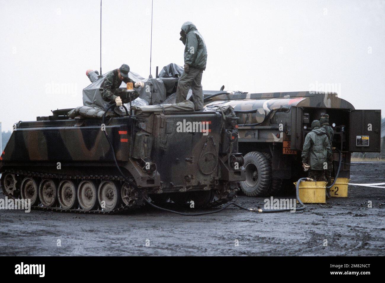 Fuel is pumped out of an M-163A1 Vulcan self-propelled anti-aircraft ...
