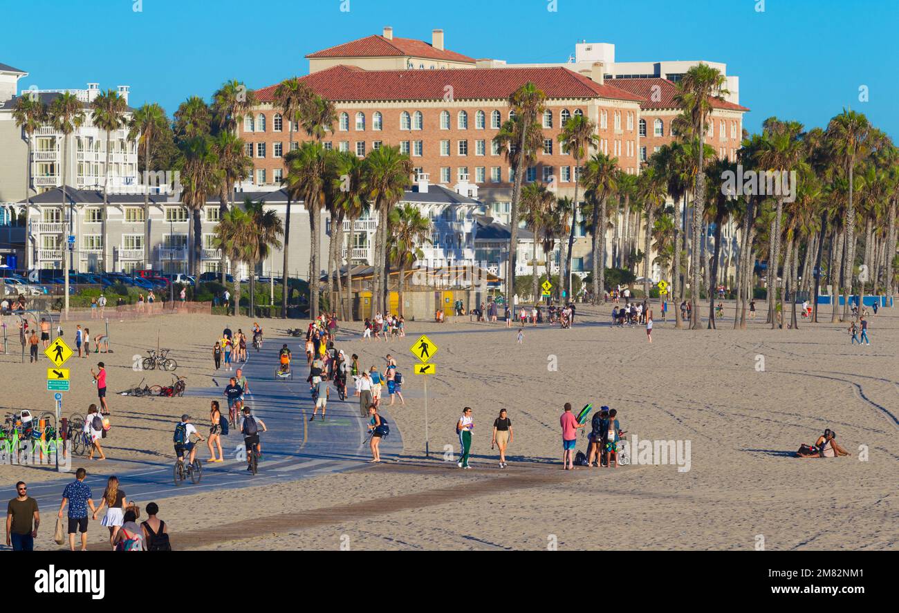The beach and bike path at Santa Monica Beach in Santa Monica, Los Angeles, California, USA ...