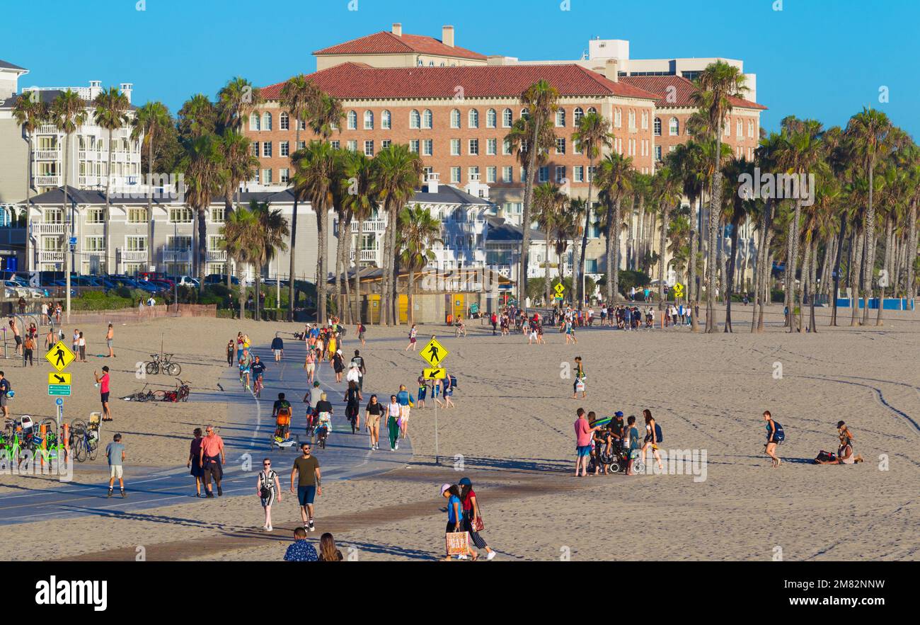 The beach and bike path at Santa Monica Beach in Santa Monica, Los Angeles, California, USA ...