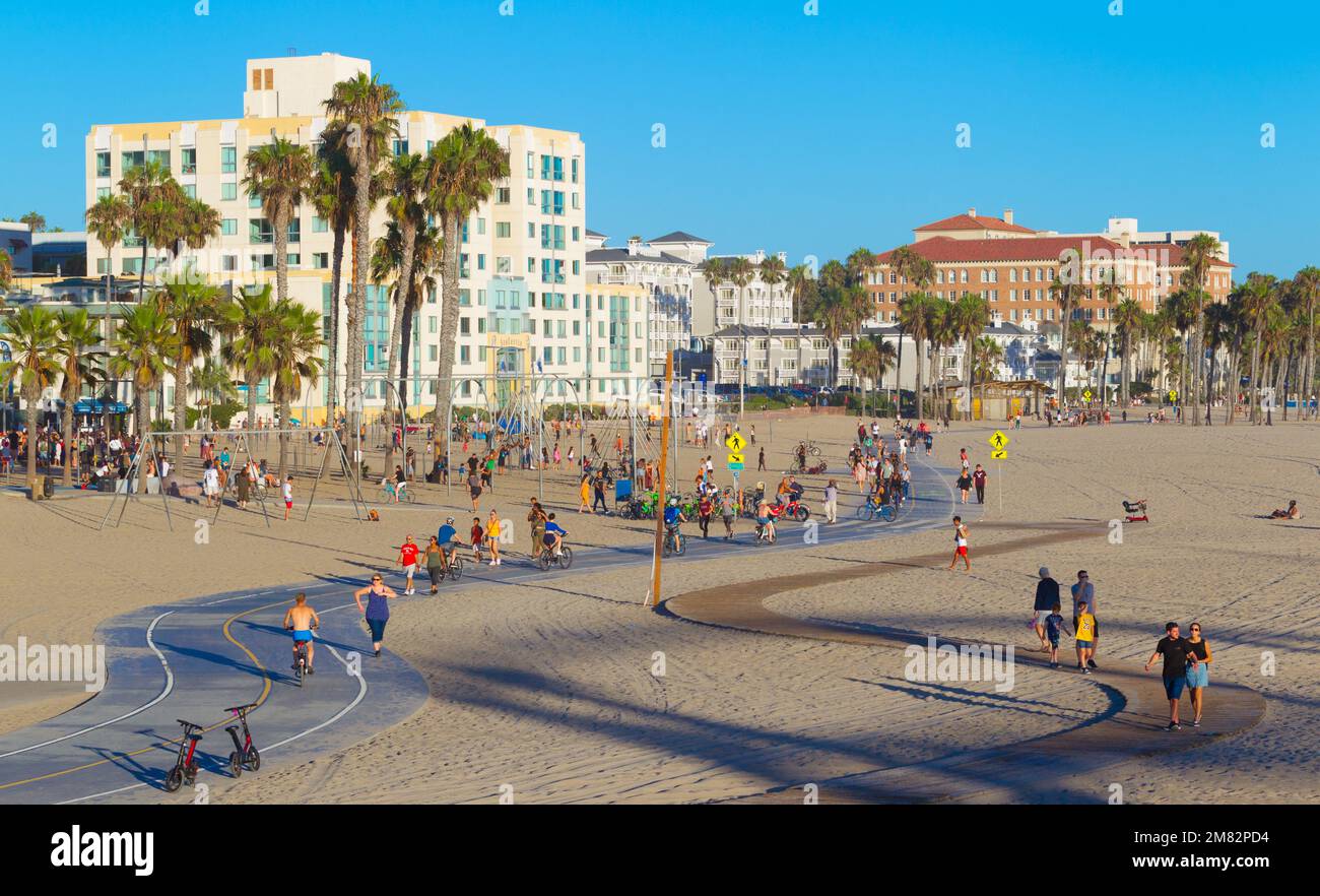 The beach and bike path at Santa Monica Beach in Santa Monica, Los Angeles, California, USA ...