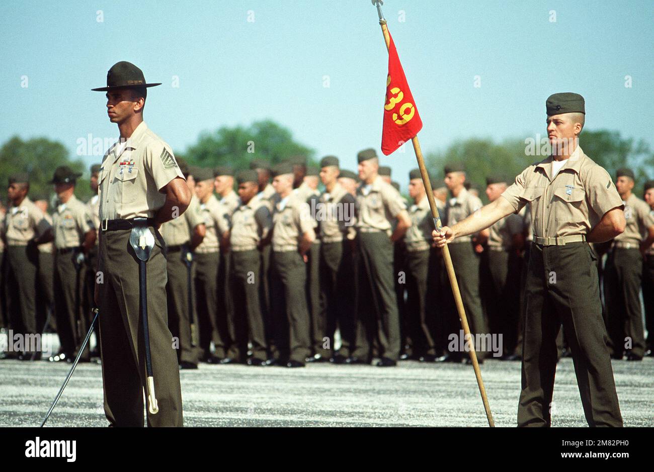 Marine recruits stand at parade rest during their graduation from basic ...