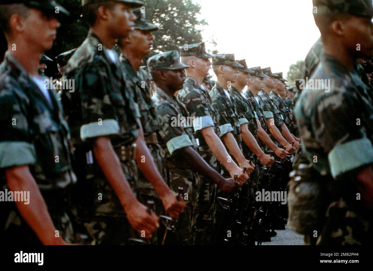Marine recruits stand at parade rest with M16A1 rifles during basic ...