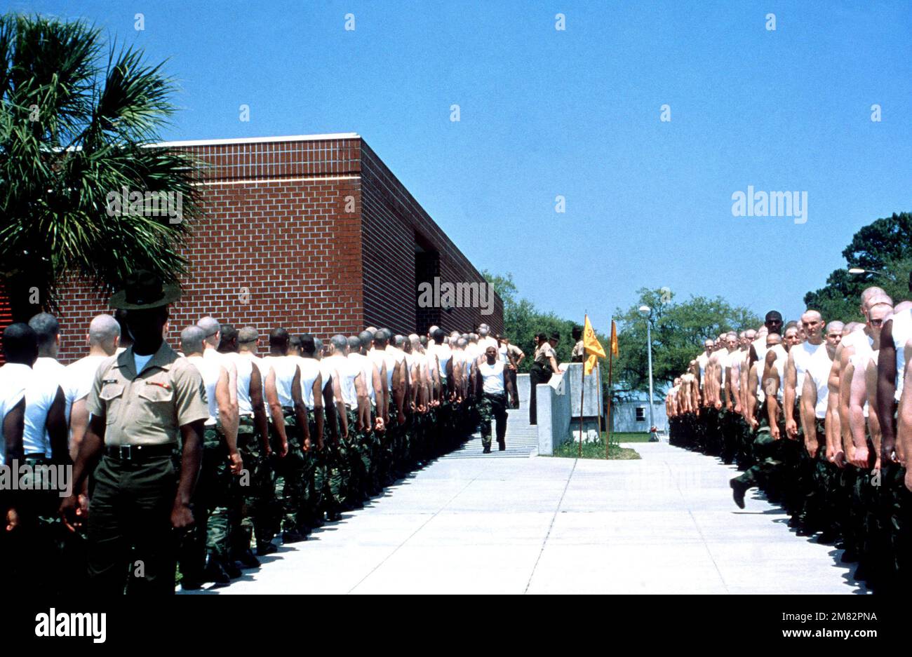 Marine recruits stand in line awaiting medical and dental examinations ...