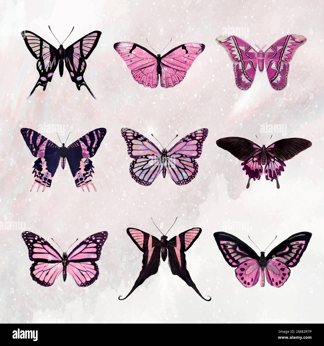 Pink holographic and glittery butterfly design element set vector Stock ...