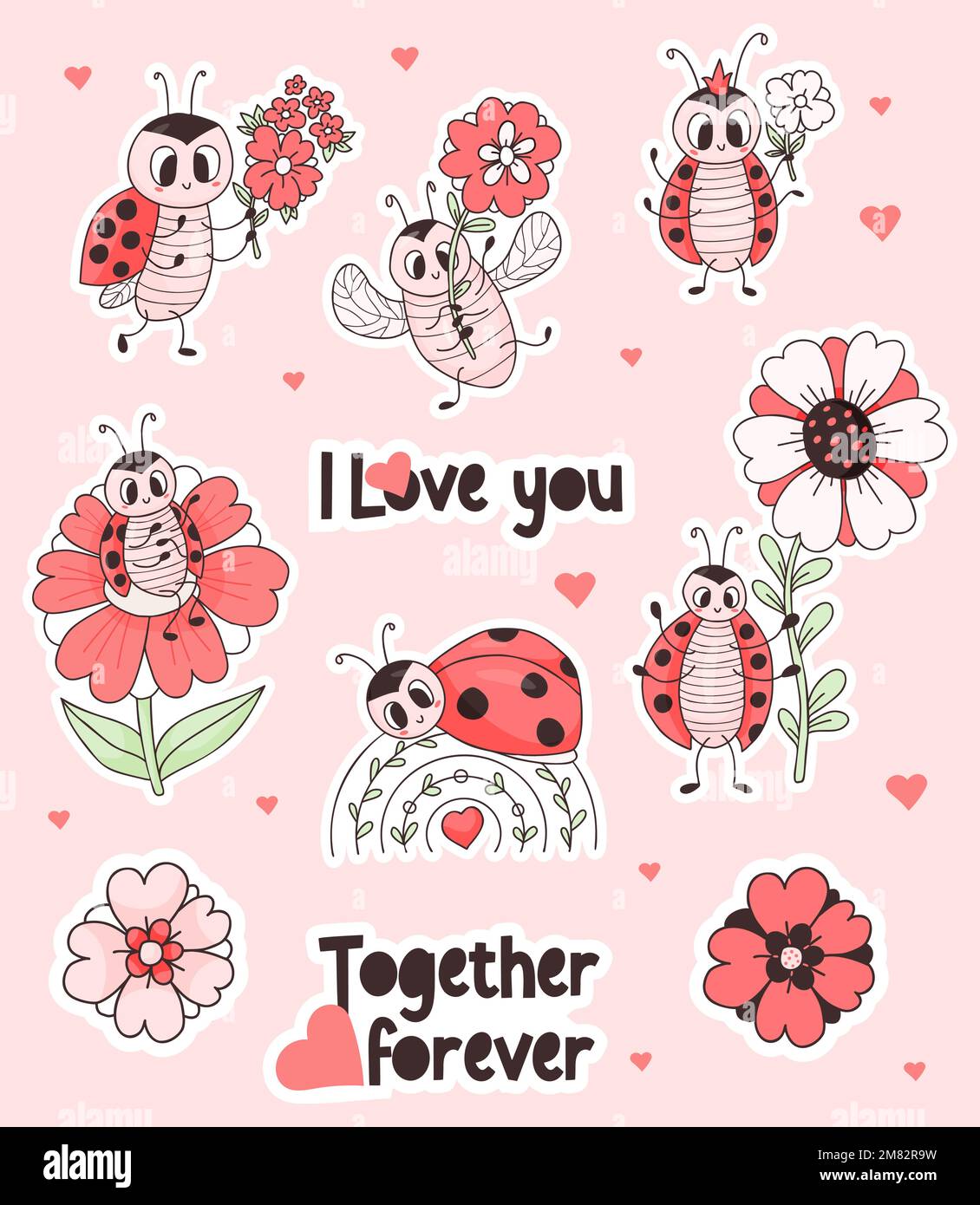 Set stickers cool ladybug and love. Cute insect ladybird with flower ...