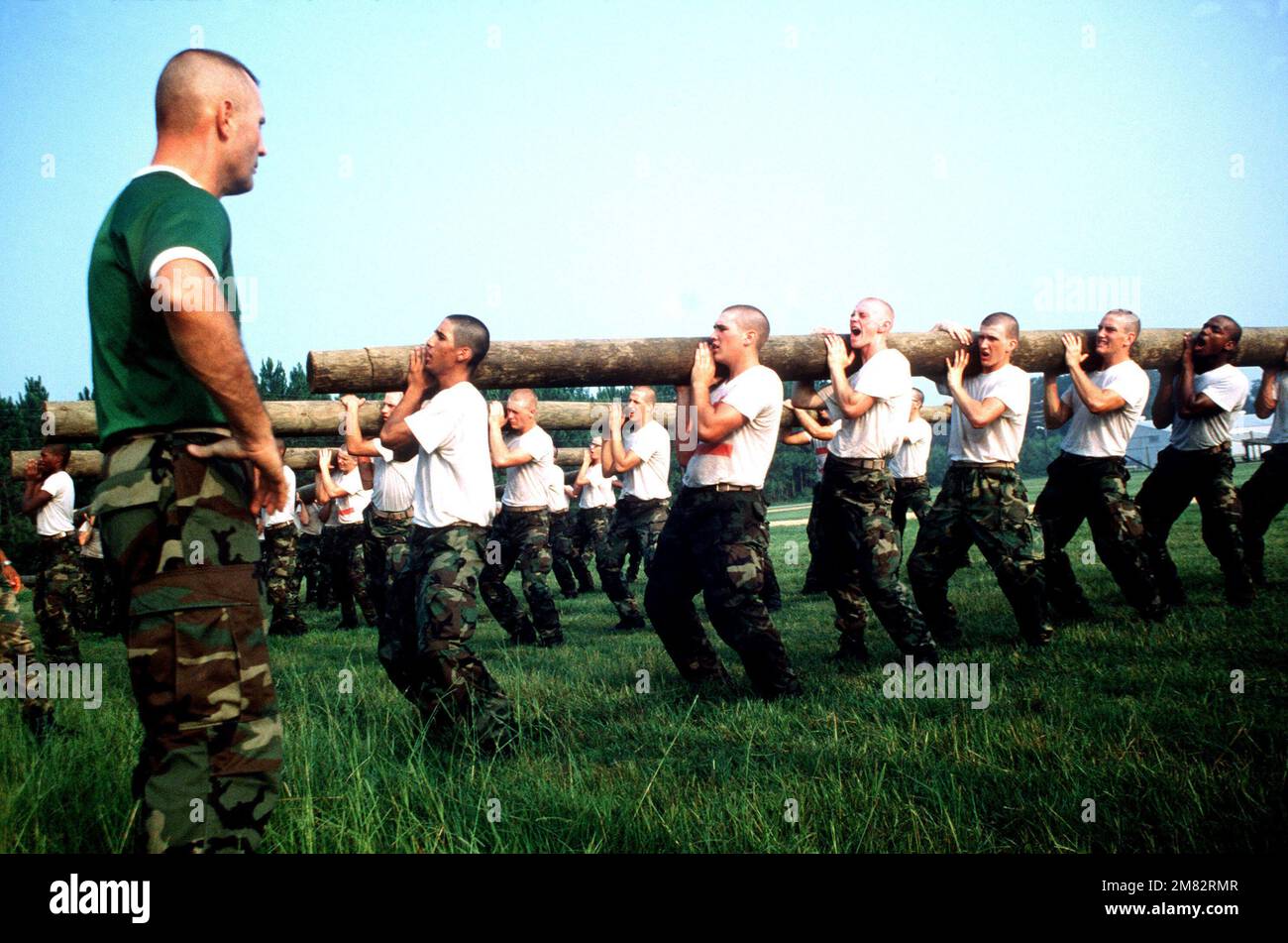 Teams of recruits carry large wooden poles across a field on the ...