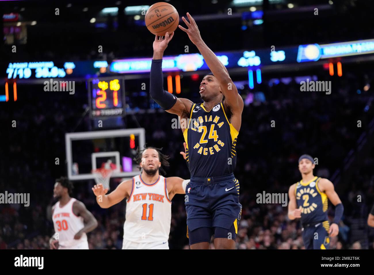 Indiana Pacers guard Buddy Hield (24) goes to the basket past New York ...