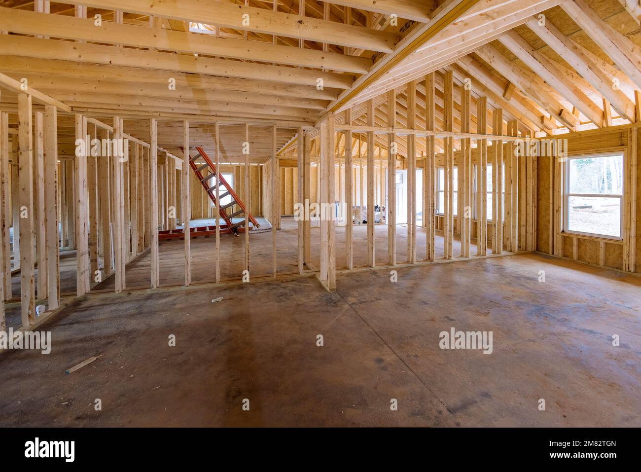 Interior framing of new house that is under construction framework ...