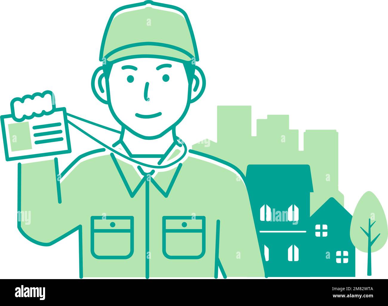 Vector illustration of a male worker visiting a house (showing an ID ...