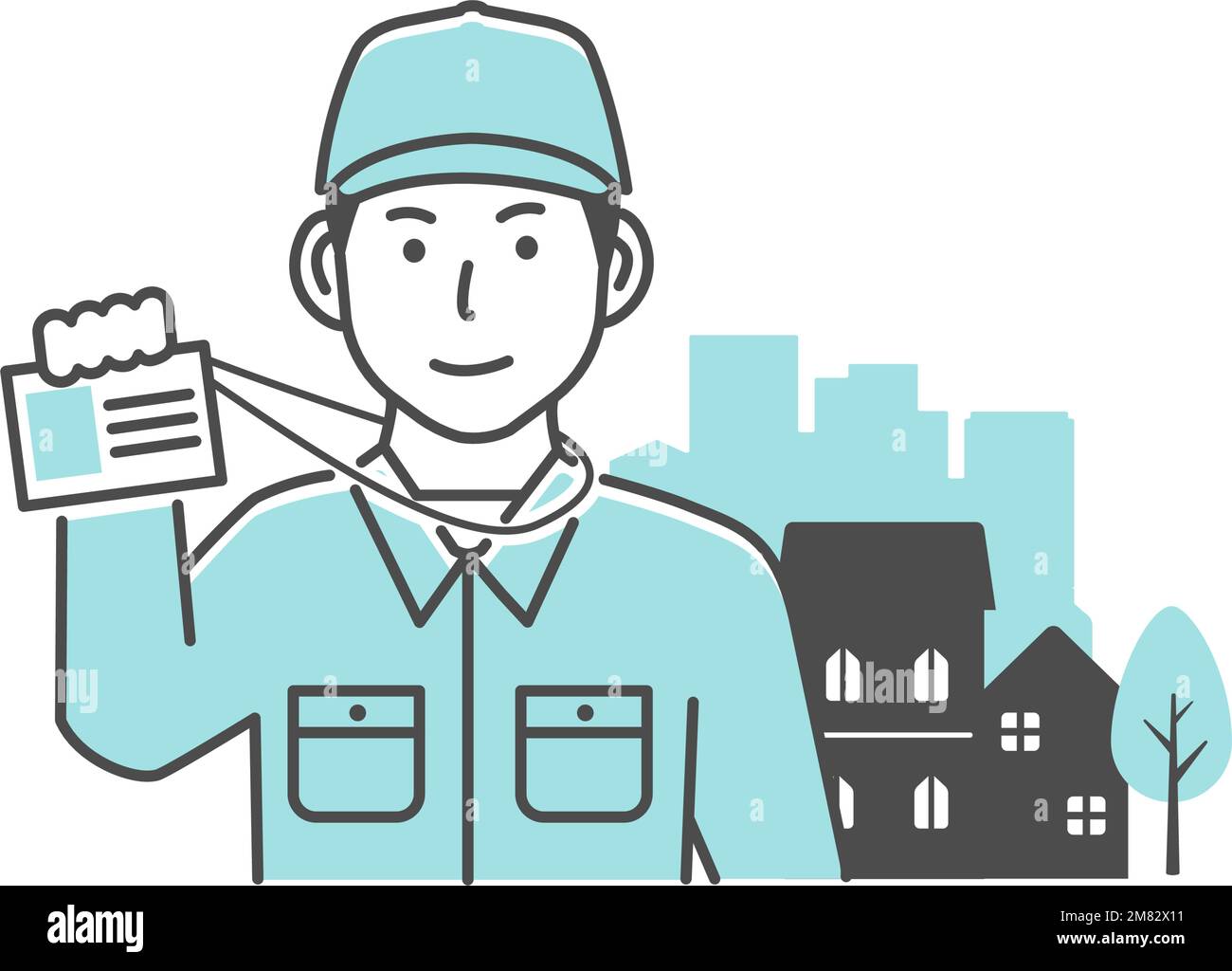 Vector illustration of a male worker visiting a house (showing an ID ...