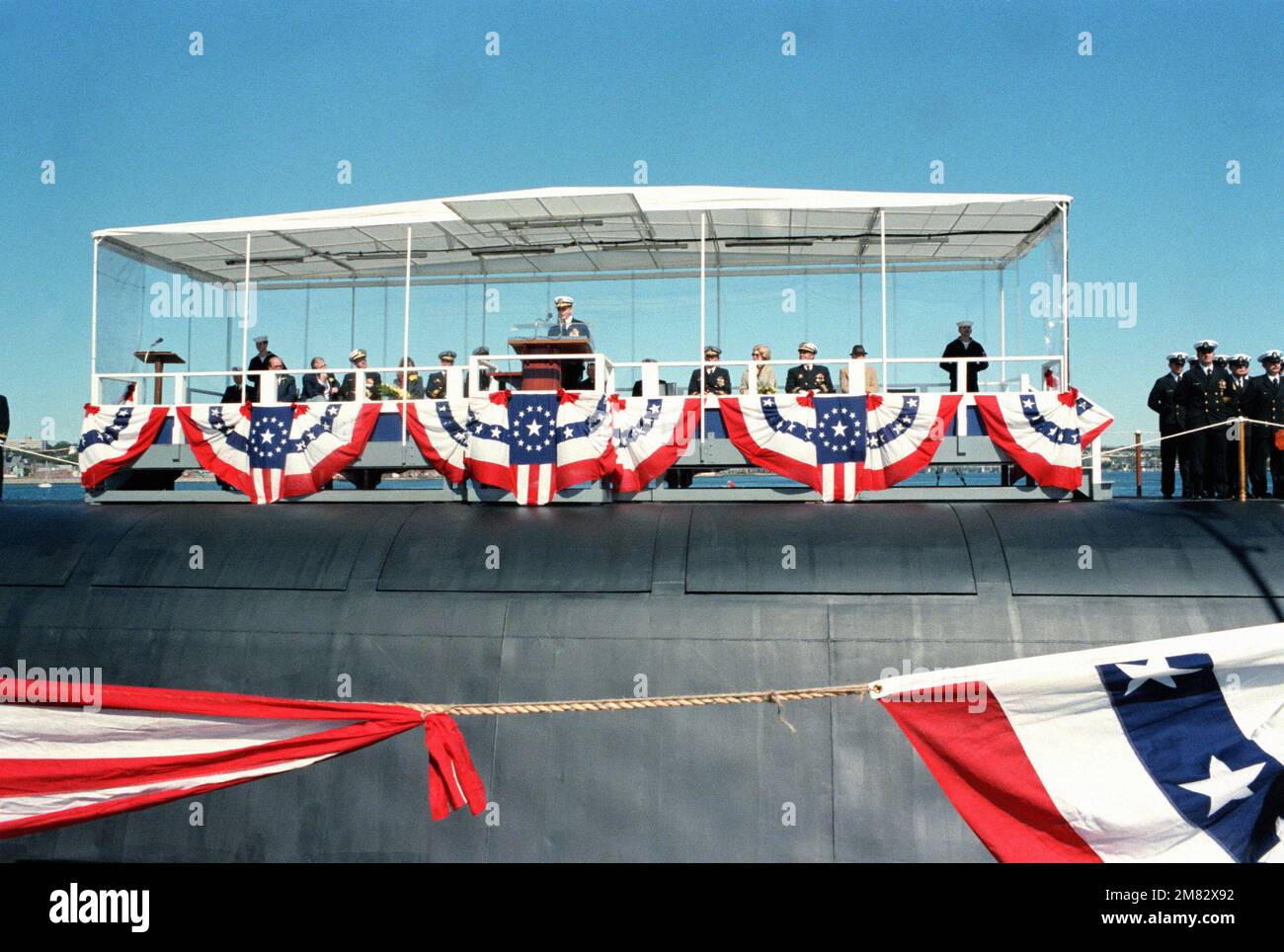 A guest speaks during the commissioning ceremony for the Ohio class ...