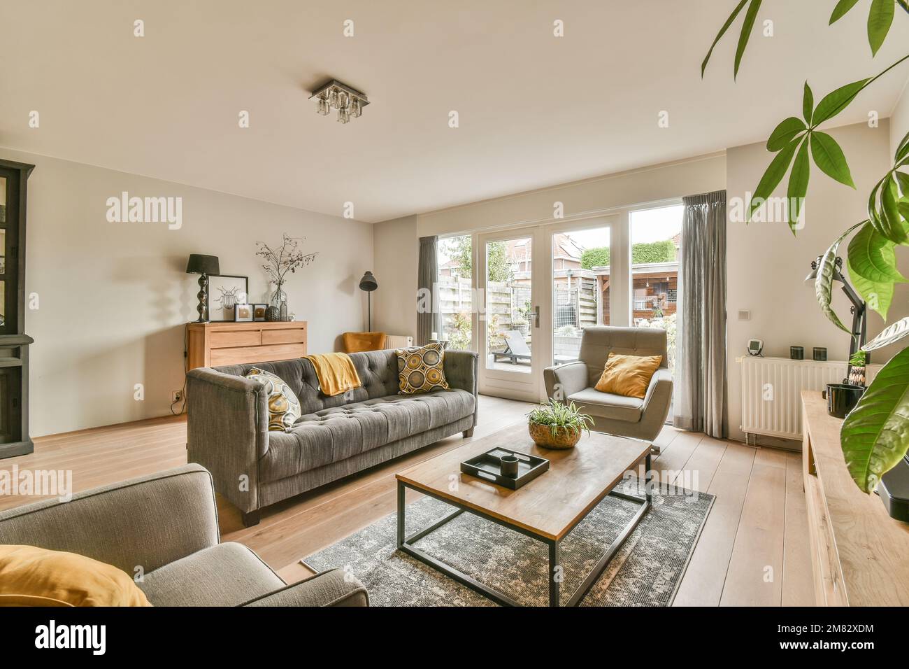 a living room with couches, coffee table, and plants in the center of ...