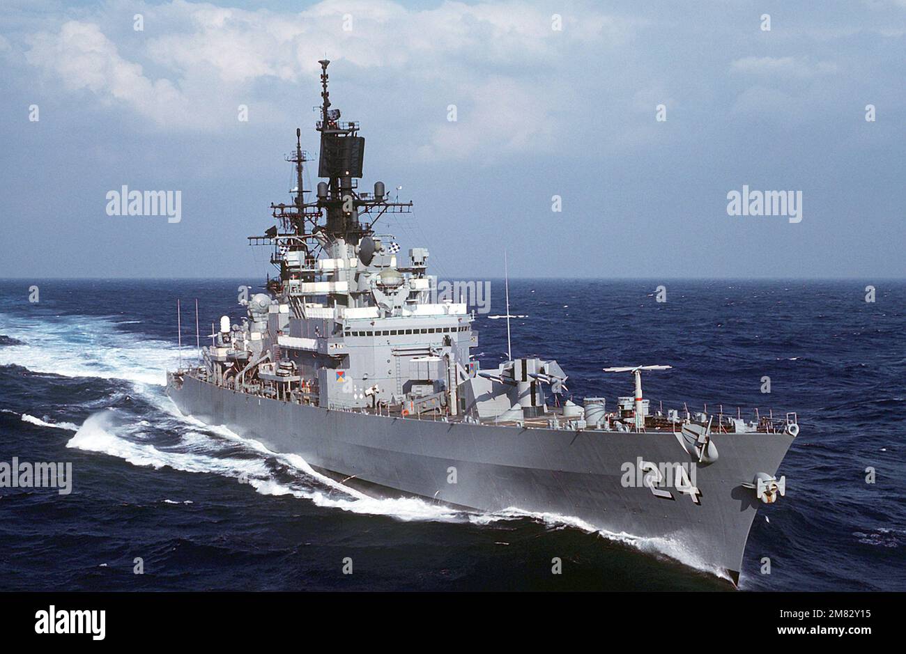 An aerial starboard bow view of the Leahy Class guided missile cruiser ...